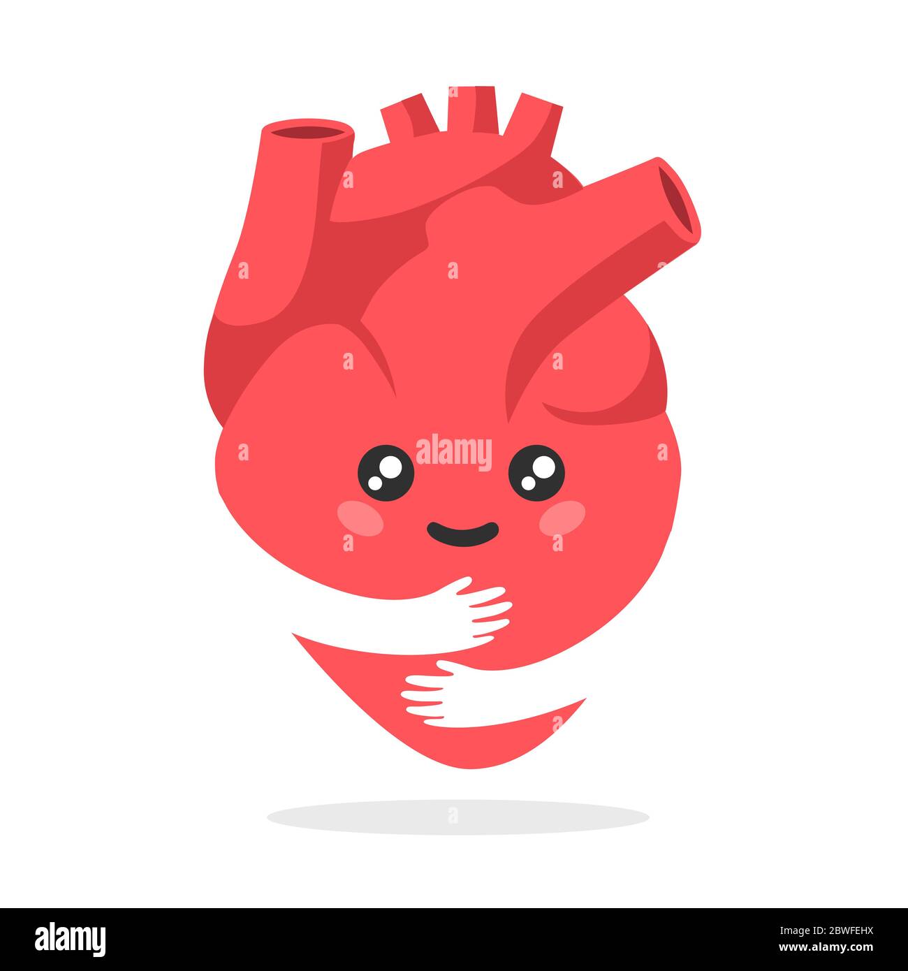 Kawaii heart loving self cartoon. Cheerful red heart joyfully hugs ...