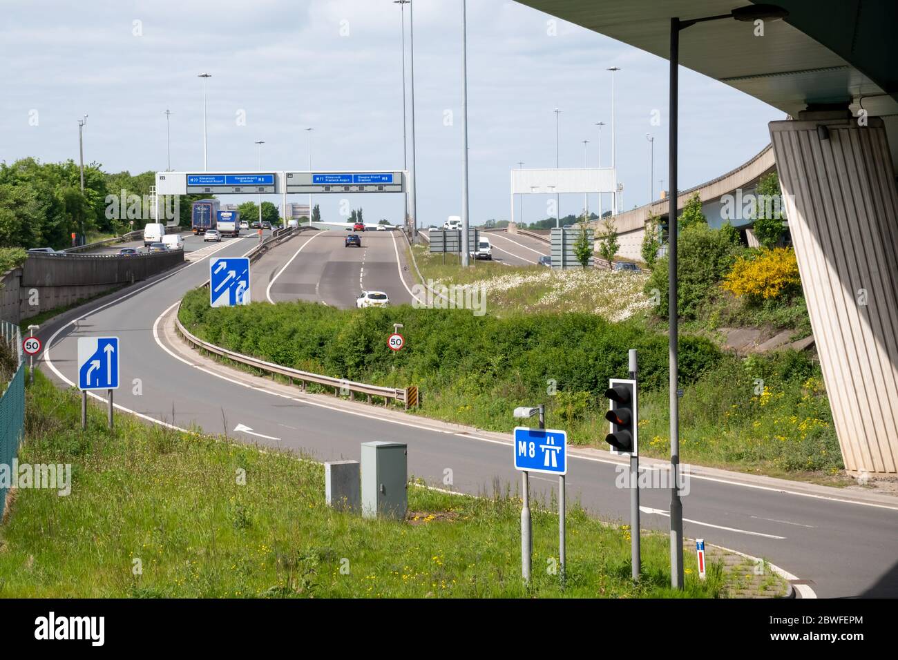 A high angle view of traffic on Junction 22 Plantation of the M8 where ...