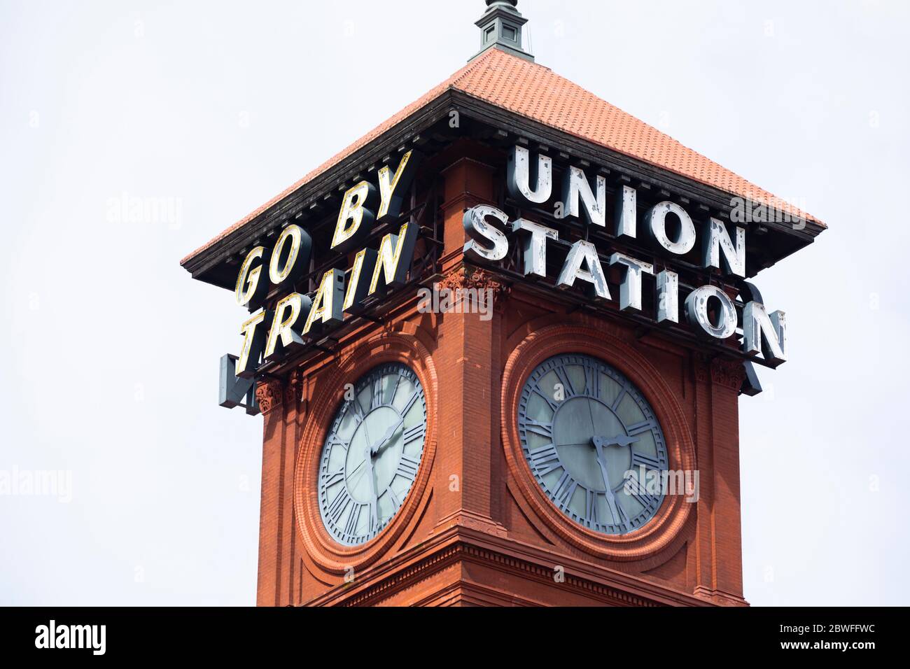 Close-up photo of tower with clock on Union Station, Portland, Oregon ...