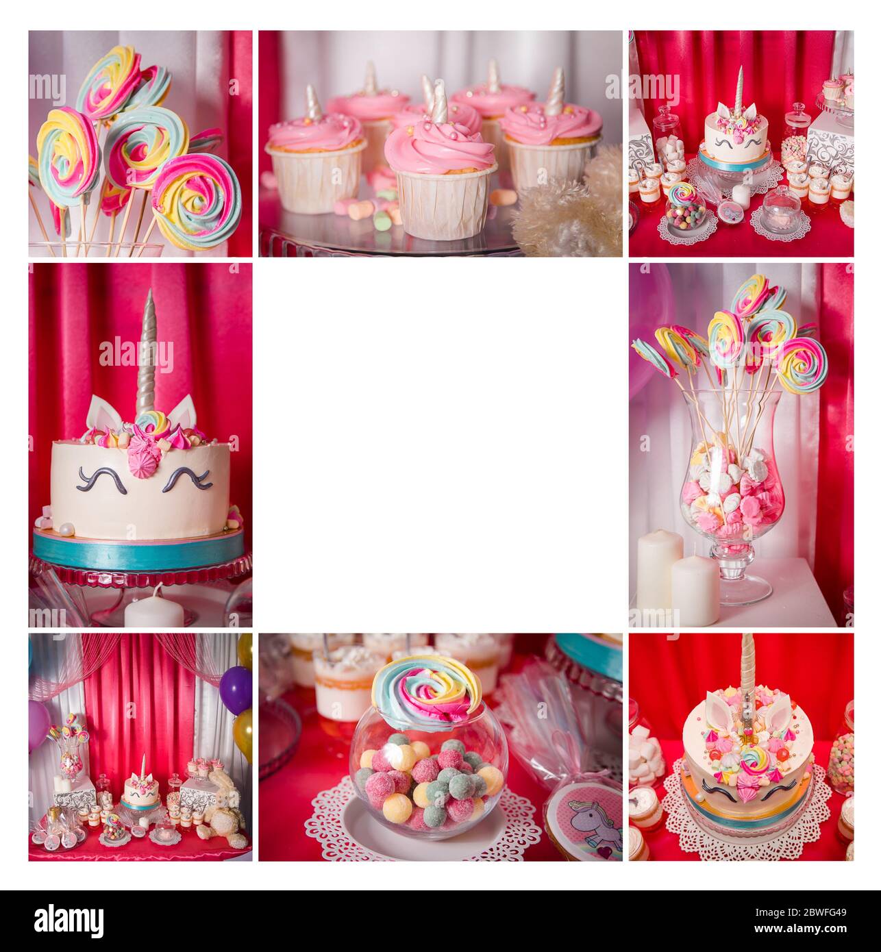 Collage with unicorn sweets for a party Stock Photo - Alamy
