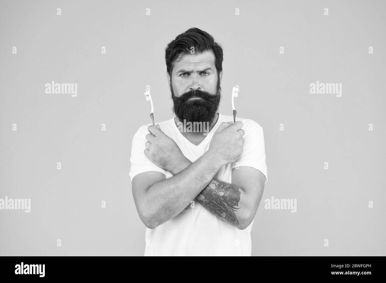 No toothache. Bearded man hold toothbrushes. Hipster with tooth brushes ...