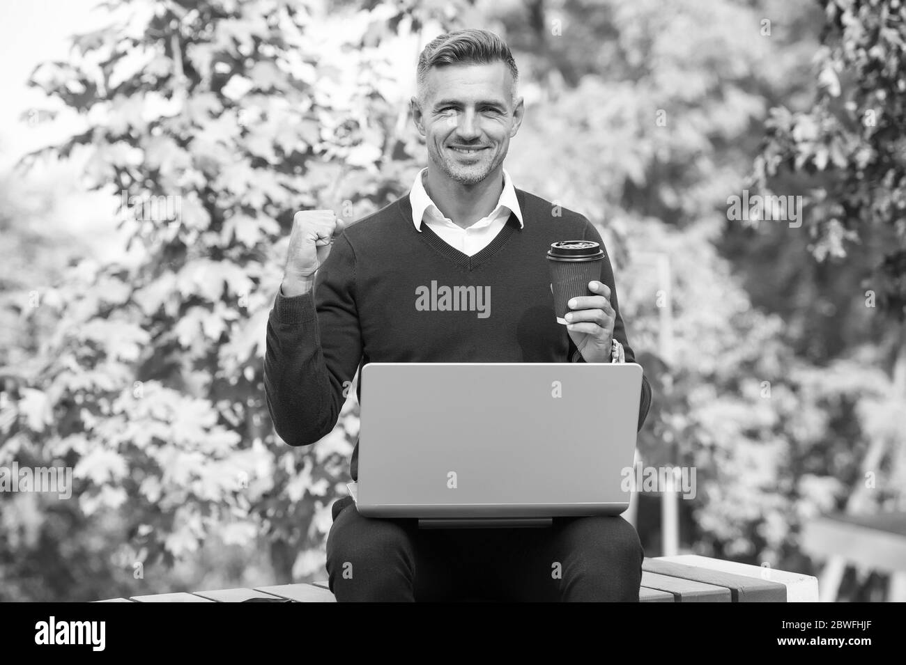 Modern occupation. Successful man working in cafe. Good vibes. Modern ...