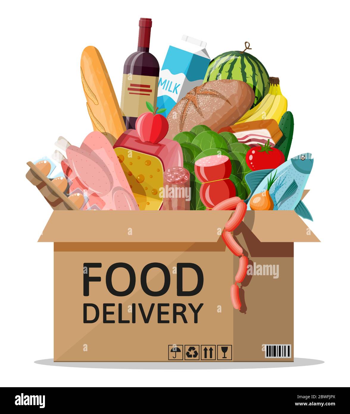 Cardboard box with fresh products. Delivery concept. Grocery store ...