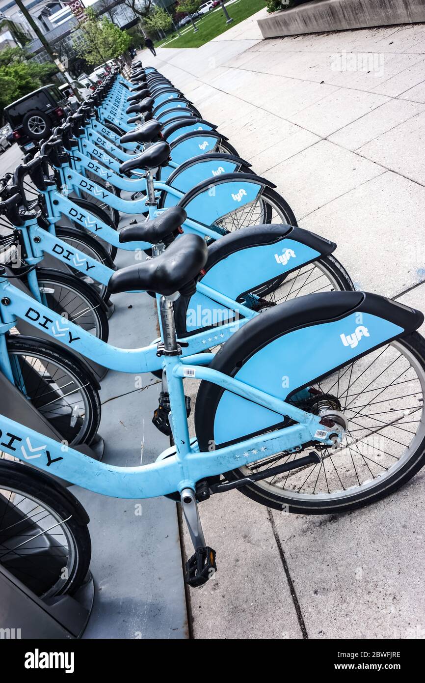 Station for Chicago DIVVY bicycle ride share program. Sponsored by Lyft ...