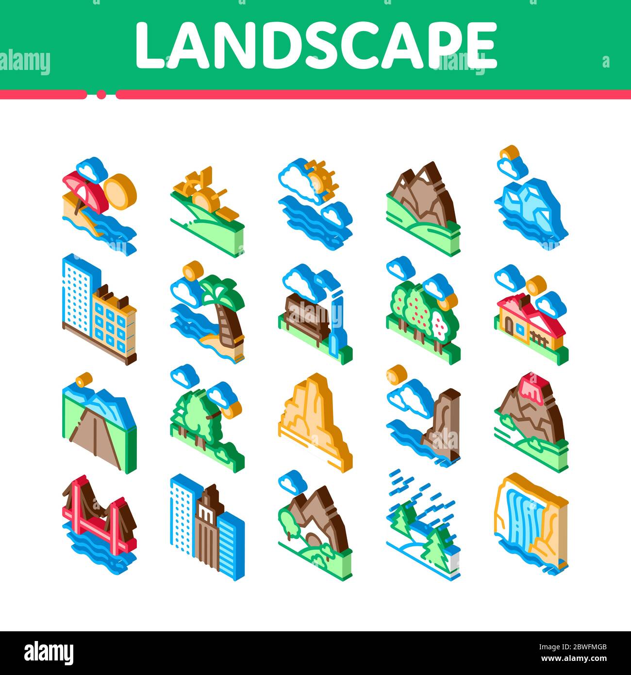 Landscape Travel Place Isometric Icons Set Vector Stock Vector Image ...