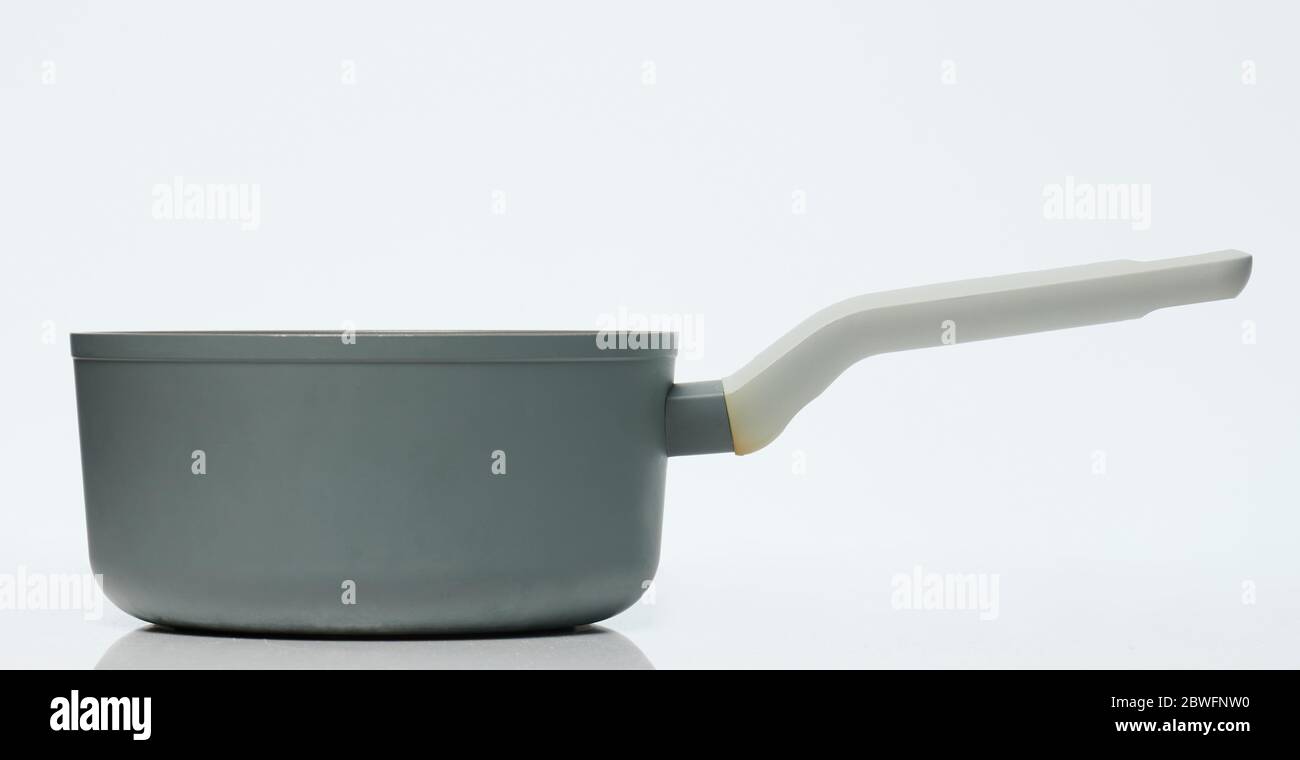 Open grey saucepan side view isolated on white background Stock Photo ...