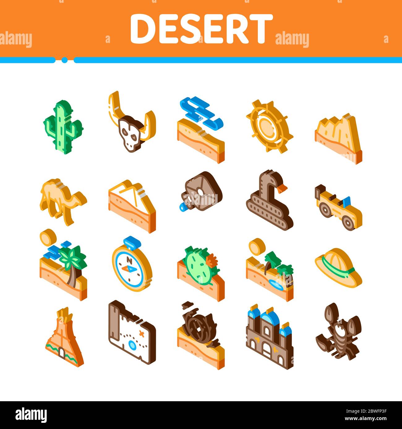 Desert Sandy Landscape Isometric Icons Set Vector Stock Vector Image ...