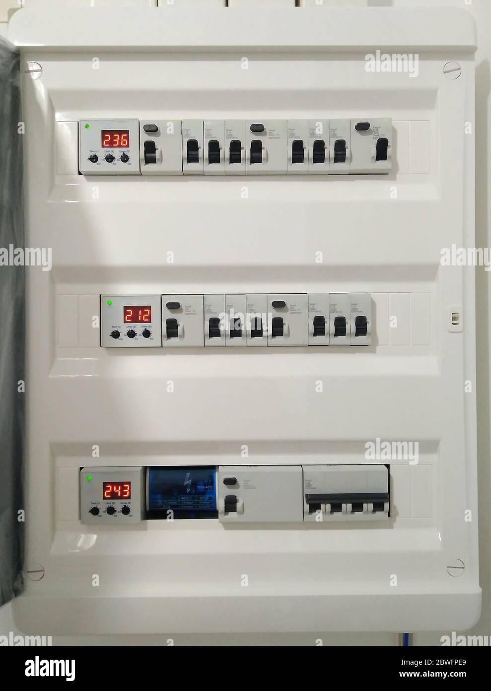 Automatic switches with wires in electrical shield close up. Electrical ...