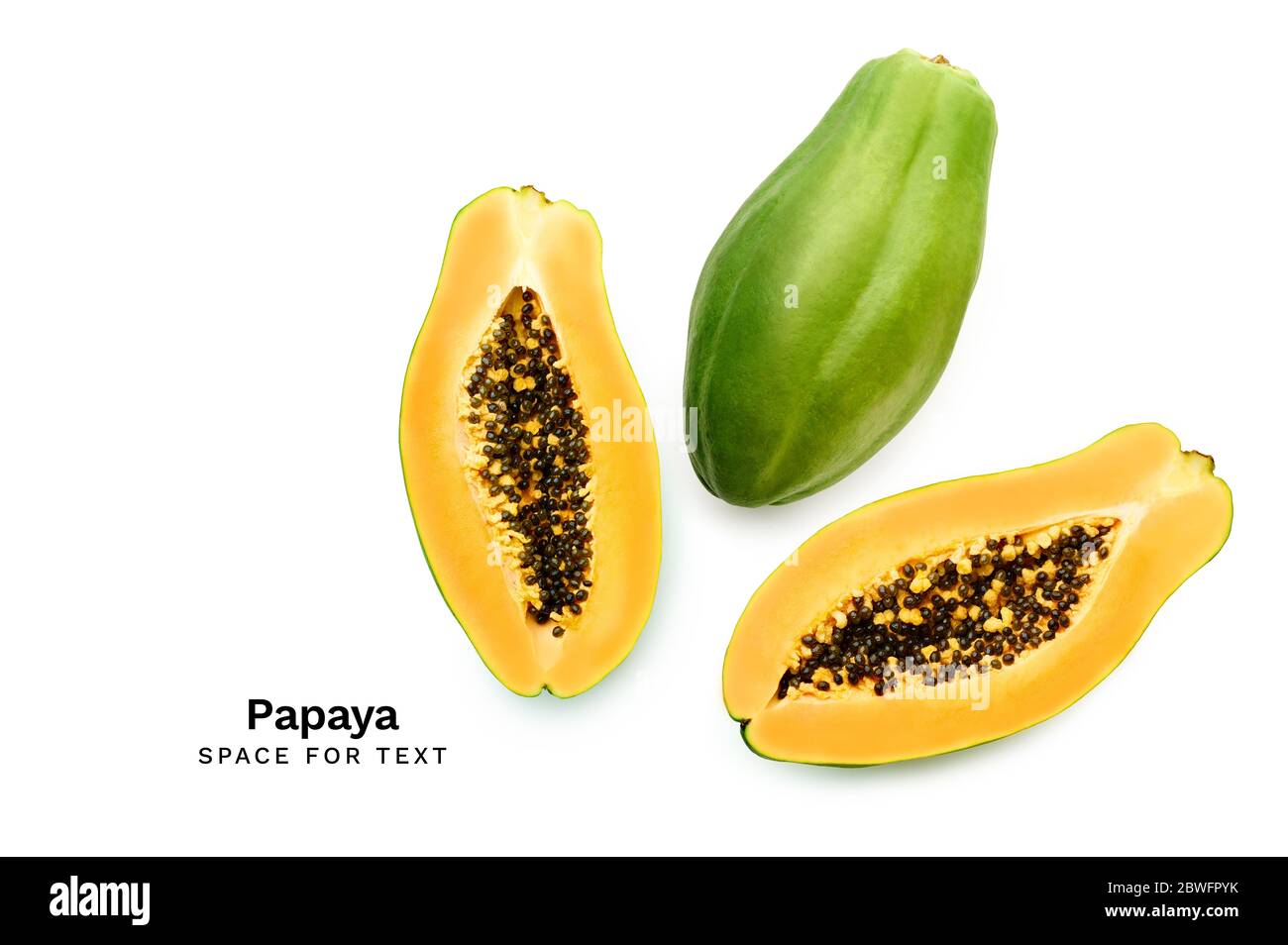 Fresh papaya flat lay isolated. Top view with tropical summer fruits on ...