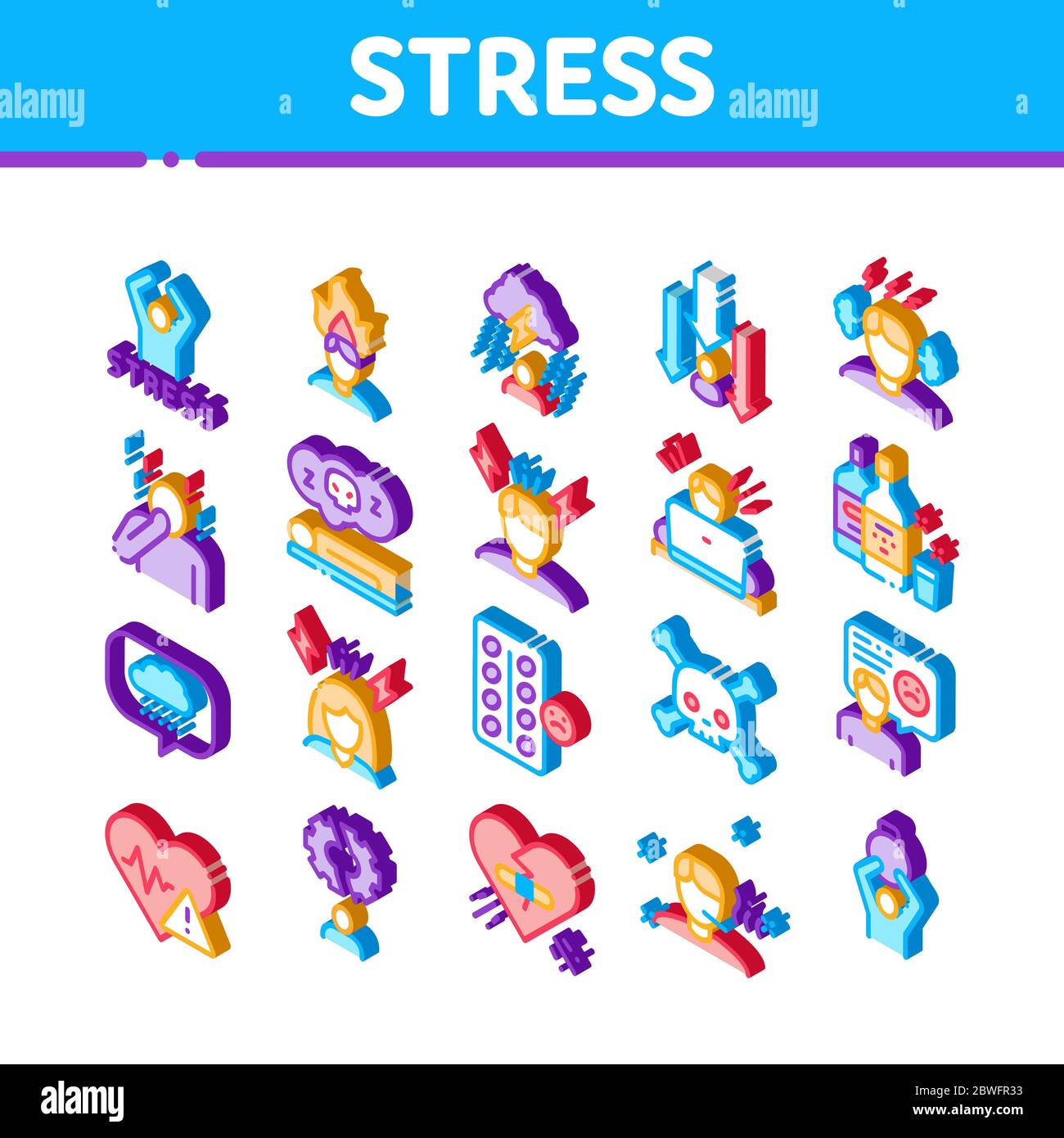 Stress And Depression Isometric Icons Set Vector Stock Vector Image ...