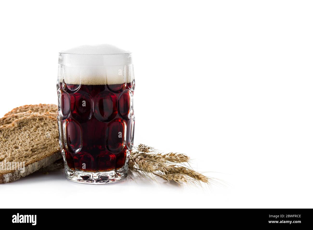 Traditional kvass beer mug with rye bread isolated on white background ...