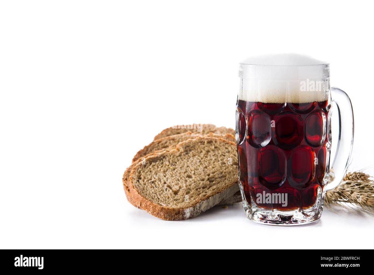 Traditional kvass beer mug with rye bread isolated on white background ...