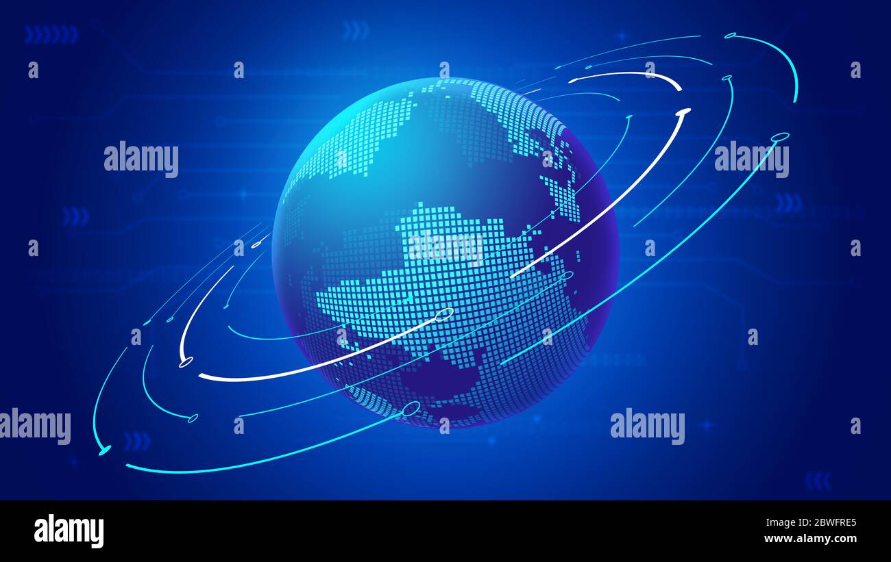 Dotted line connection with digital earth and orbital motion track ...