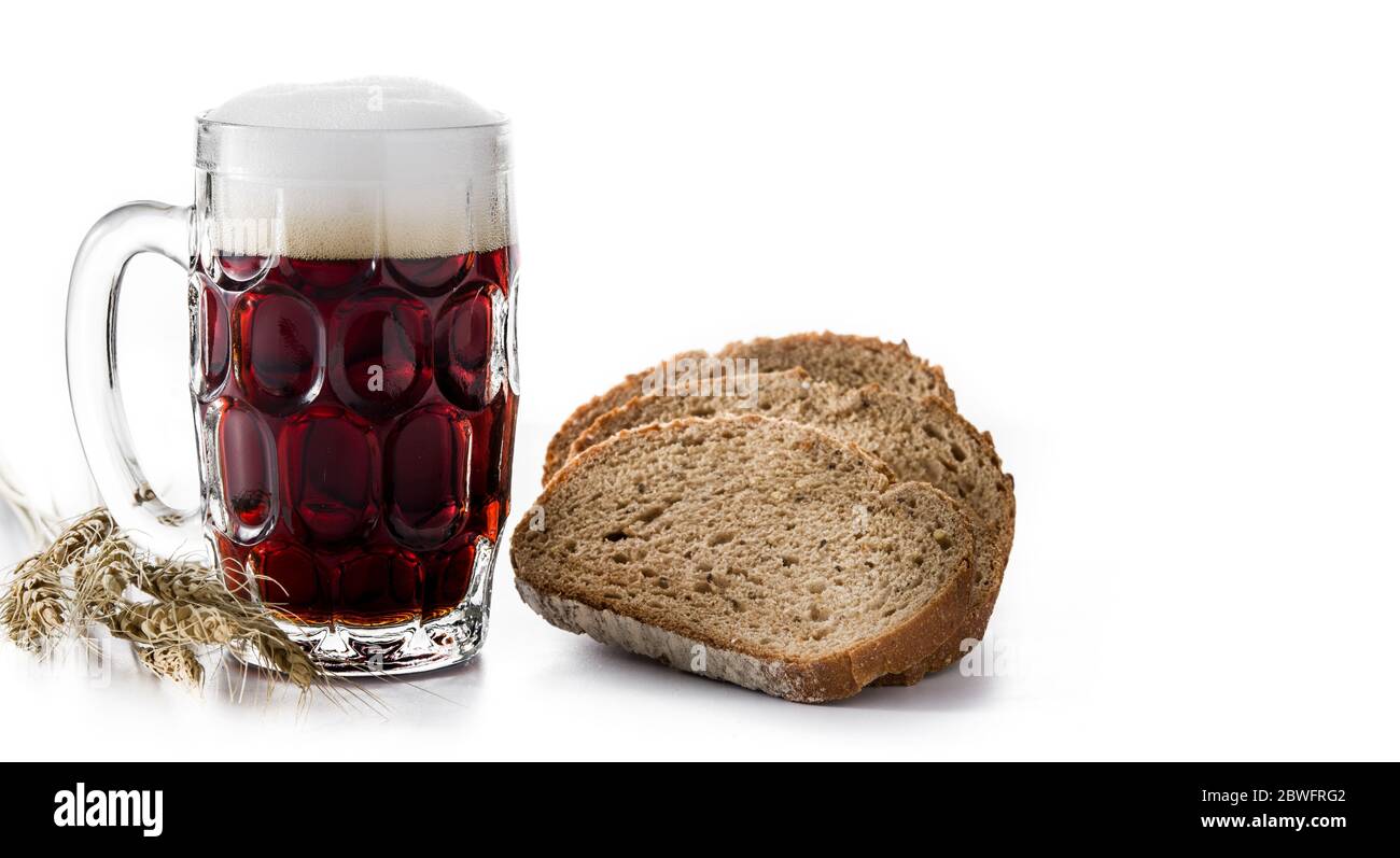 Traditional kvass beer mug with rye bread isolated on white background ...
