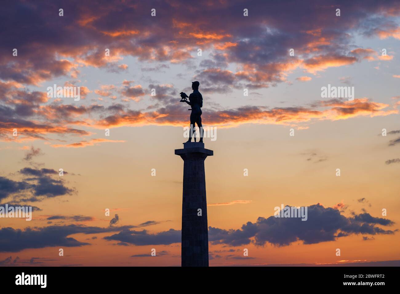 Silhouette of Victor monument, symbol of Belgrade, with beautiful ...