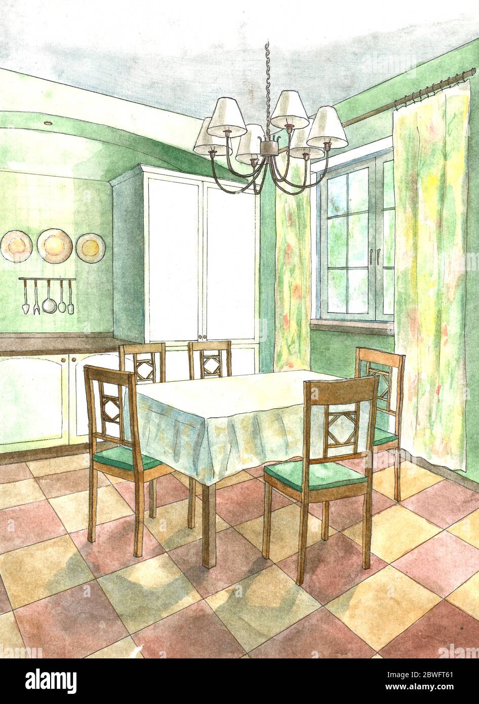 watercolor interior sketch of a cosy kitchen Stock Photo - Alamy