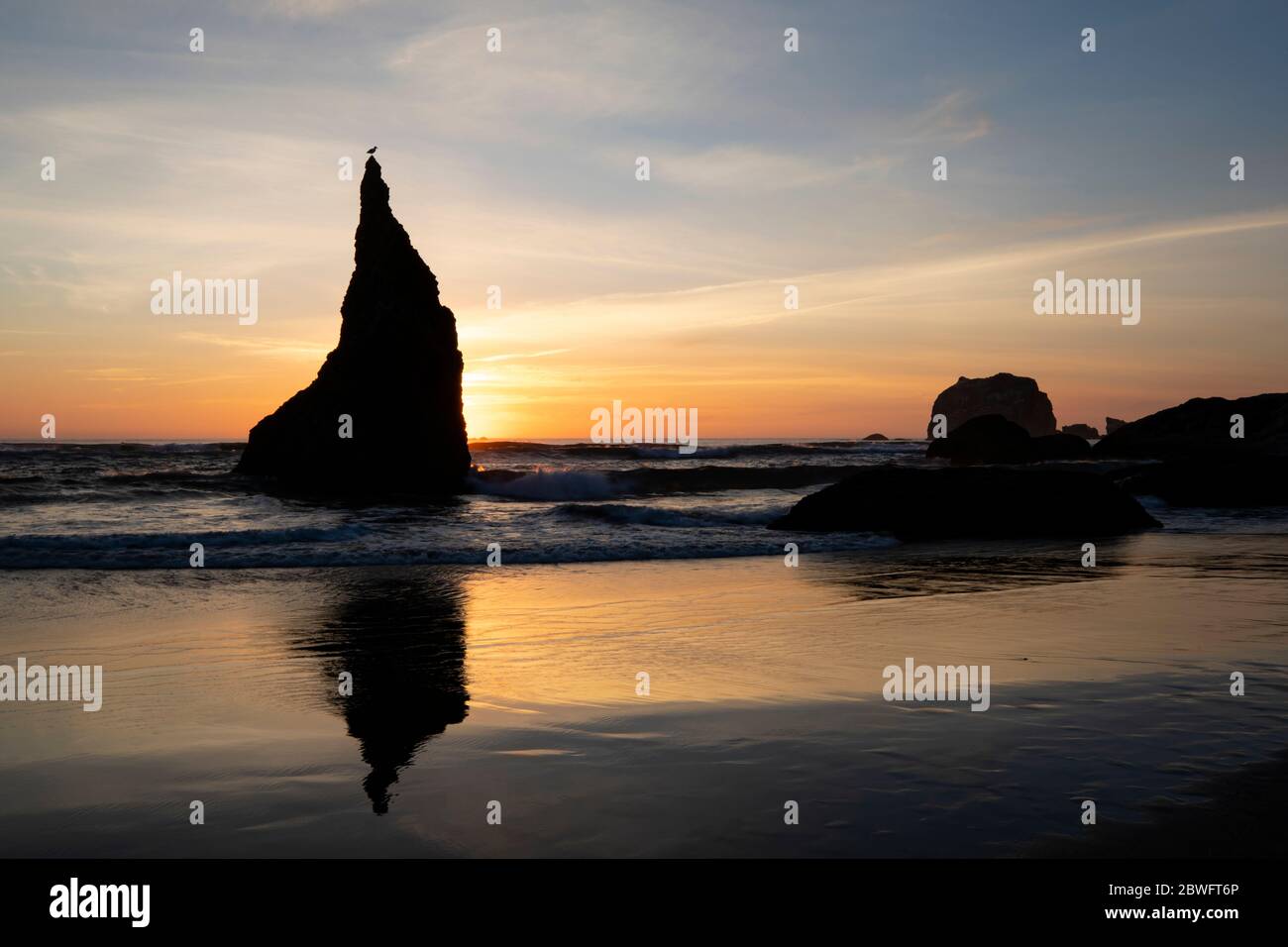 Rock formations in sea seen from Cannon Beach at sunset, Oregon, USA ...