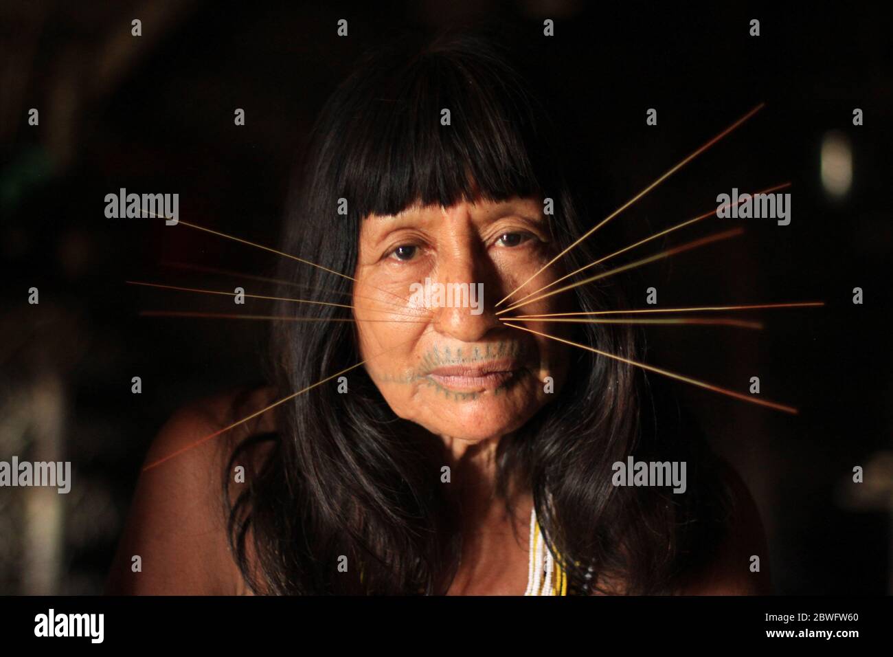 A Matses woman wearing her demuzh. BUEN PERU VILLAGE, PERU ...