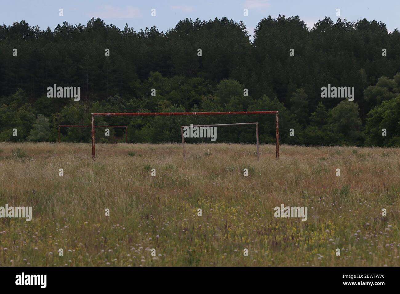 Abandoned football field overgrown with tall grass. Empty football goal ...