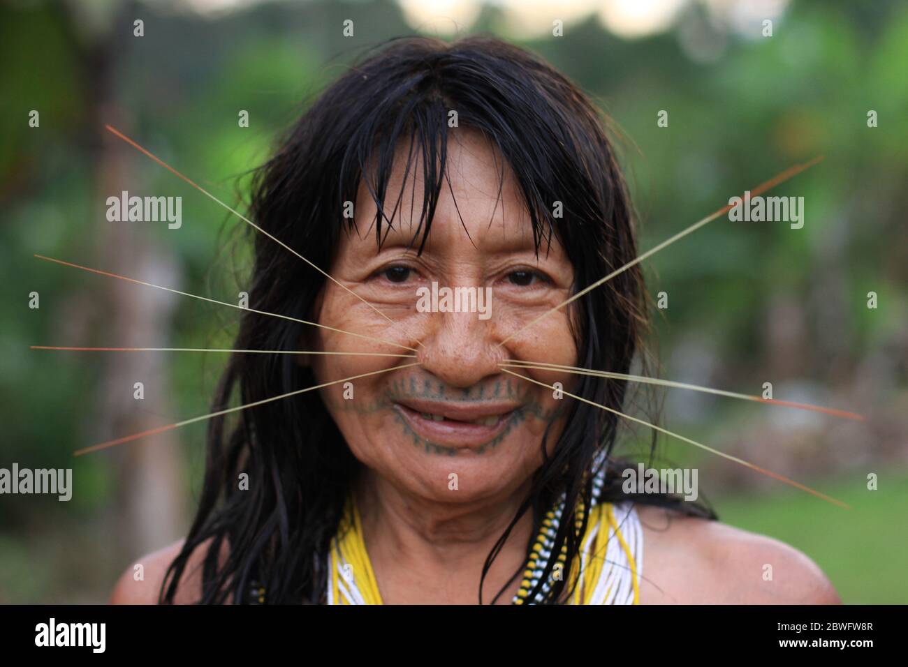 A Matses tribeswoman with eight whiskers. BUEN PERU VILLAGE, PERU ...