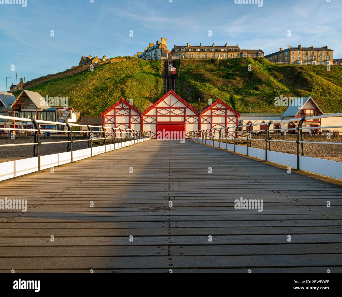 Saltburn by the Sea pier looking towards the Cliff Lift which dates ...