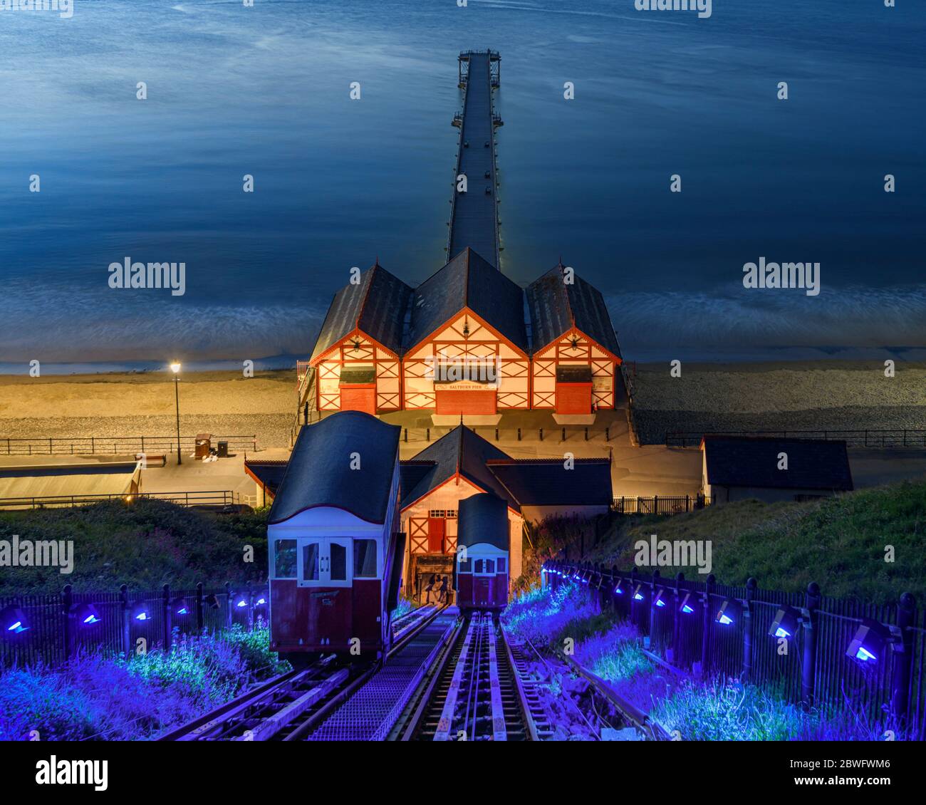 Saltburn by the Sea pier looking towards the Cliff Lift which dates ...