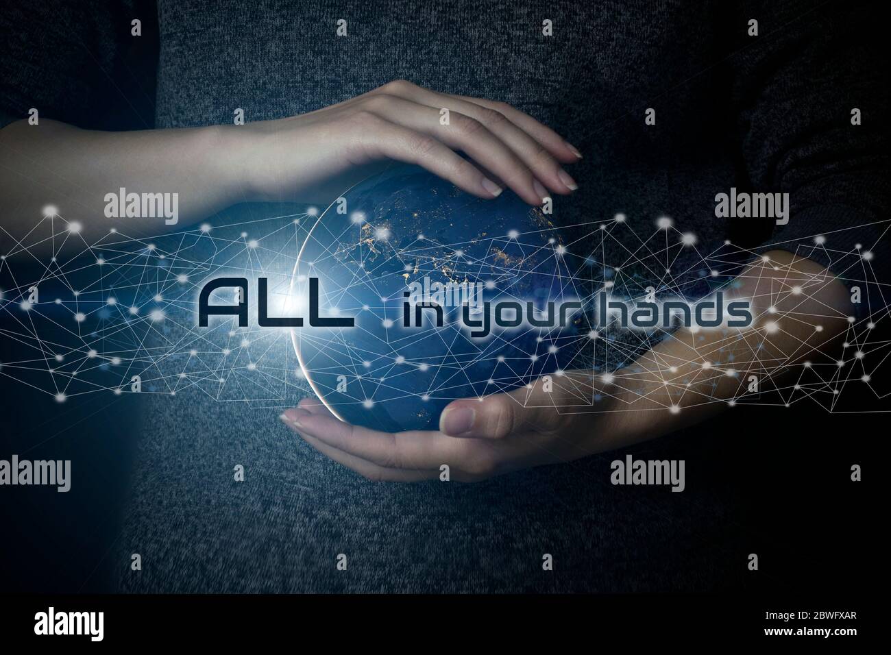 Save the world energy campaign. Planet earth on human hands show energy ...