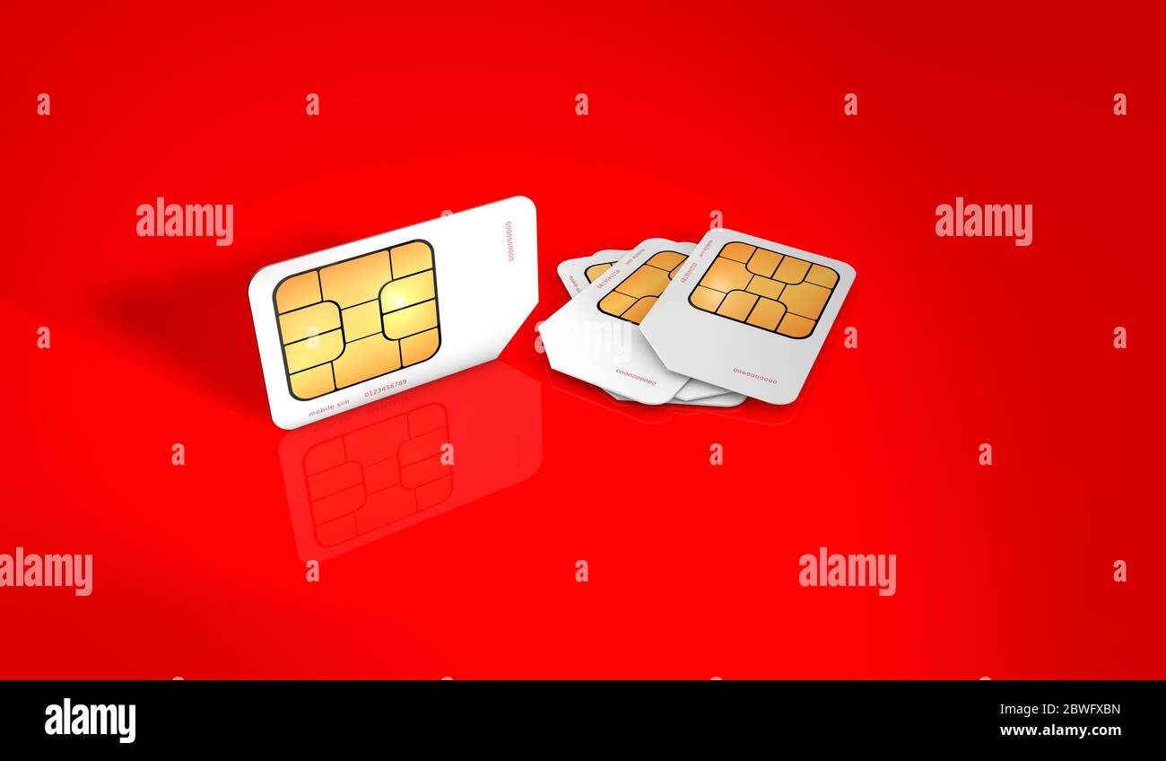 3D rendering of sim card for mobile phones on a reflective red ...