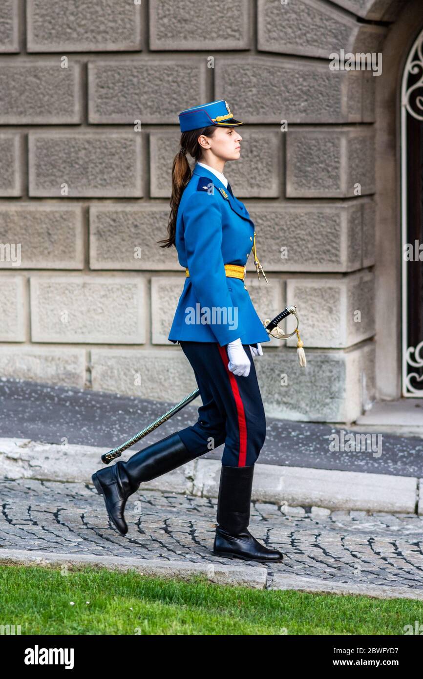 Belgrade / Serbia - April 14, 2017: Female member of Serbian military ...