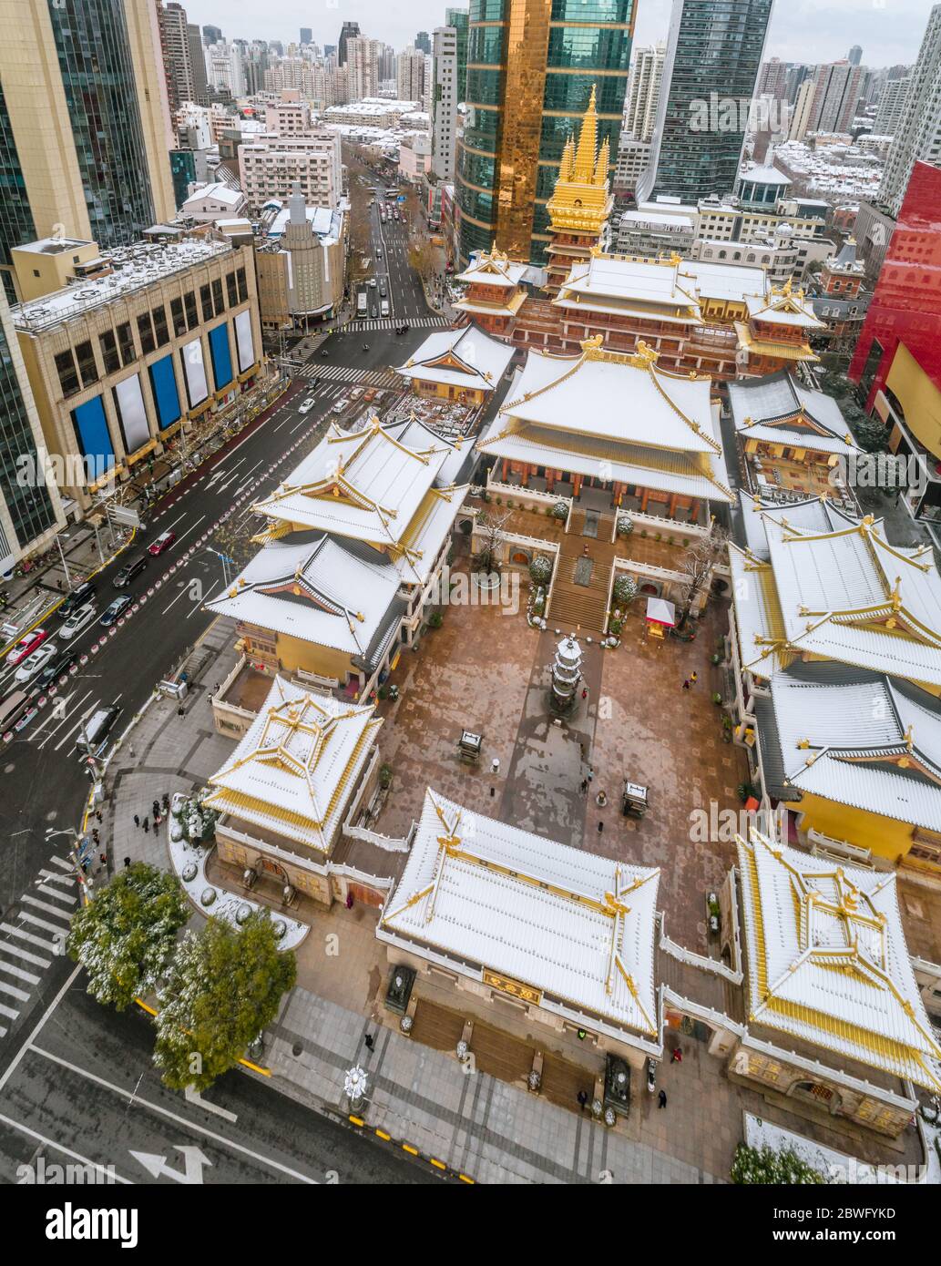 aerial view of downtown Shanghai near Jing An Temple and Nanjin Road ...