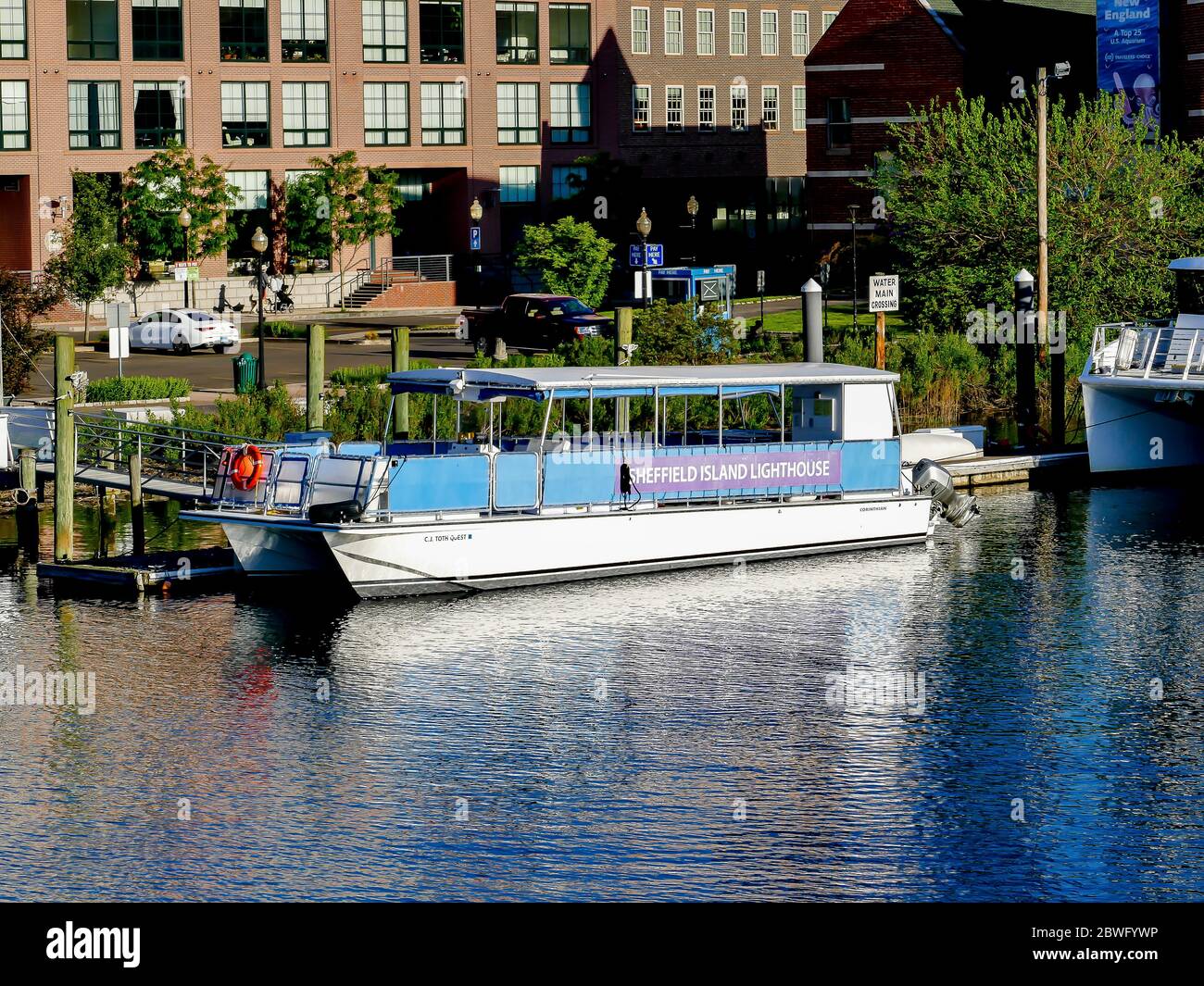 NORWALK, CT, USA - MAY 31, 2020: View from a bridge above Norwalk river ...