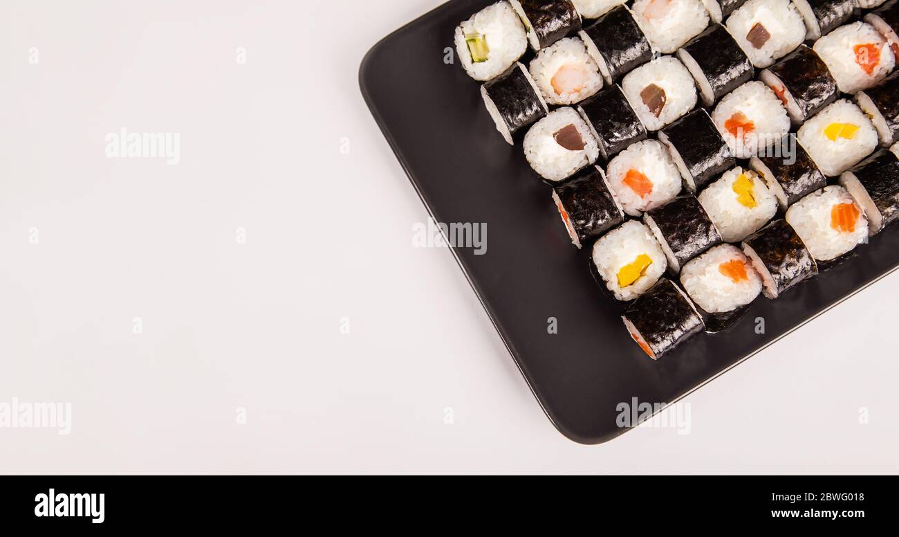 Hoso sushi set and sushi rolls. Various sushi and rolls with fish ...