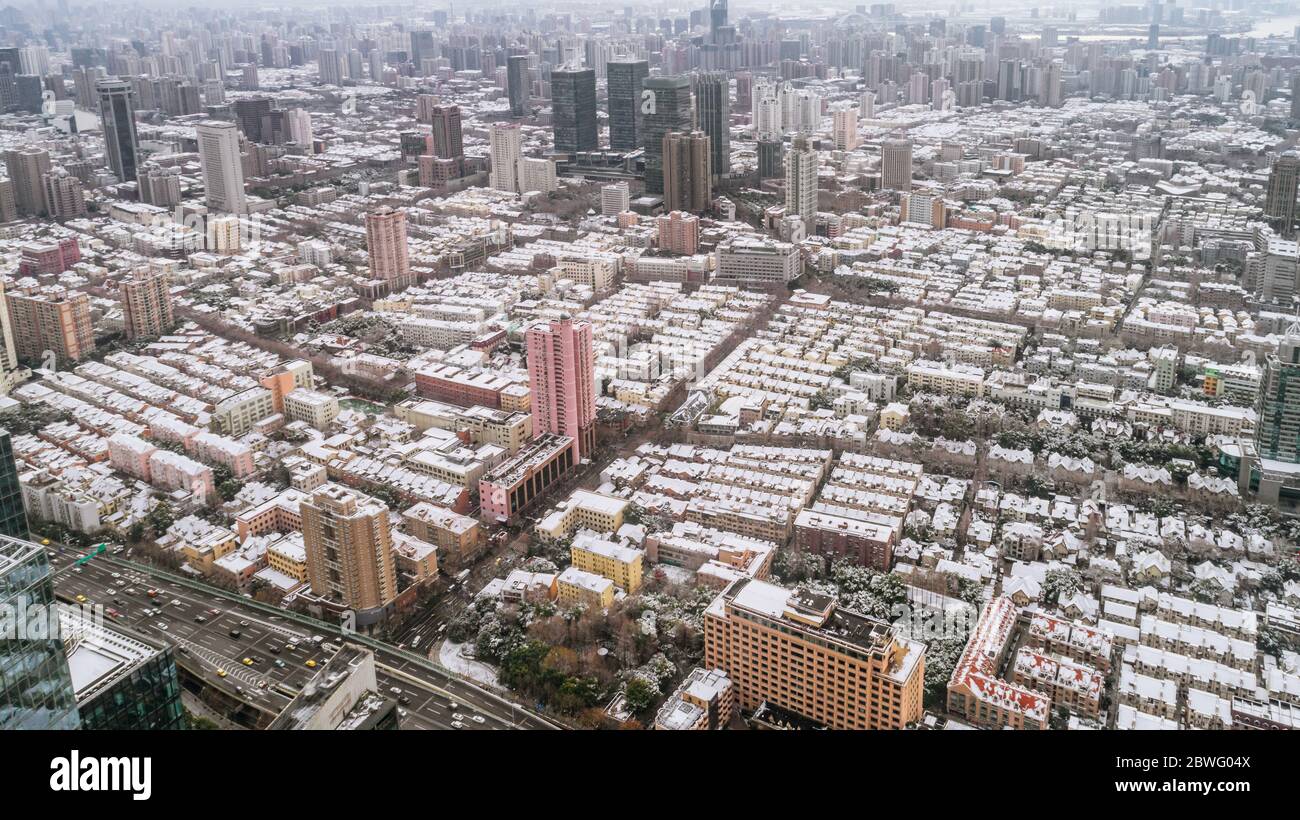 aerial view of downtown Shanghai near Jing An Temple and Nanjin Road ...