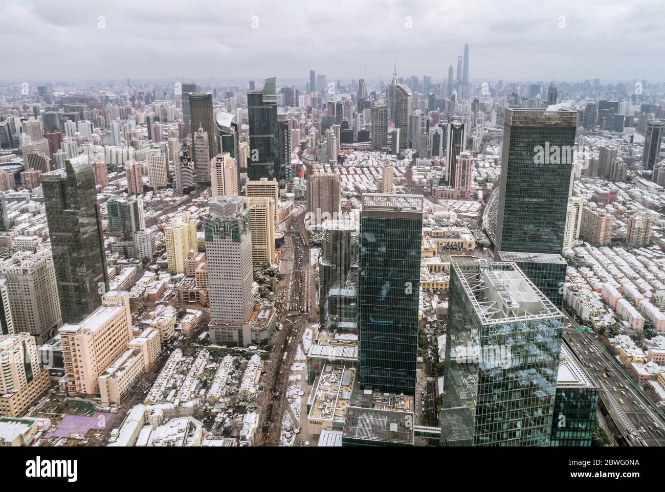 aerial view of downtown Shanghai near Jing An Temple and Nanjin Road ...