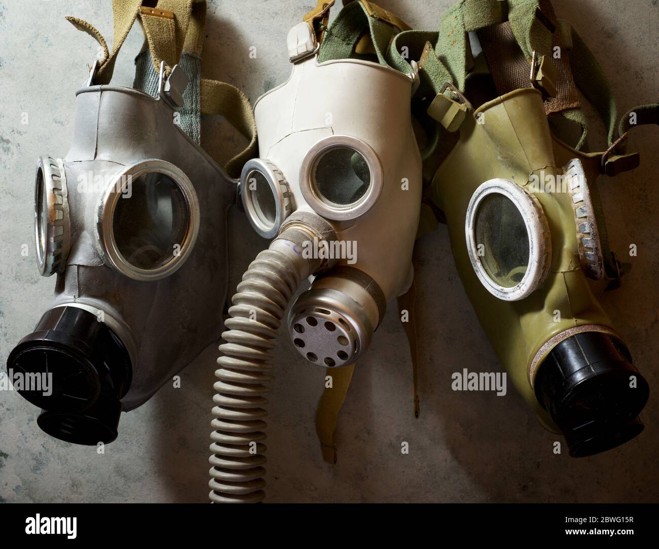 Old respiratory masks from the Cold War era, hanging in a wall Stock ...