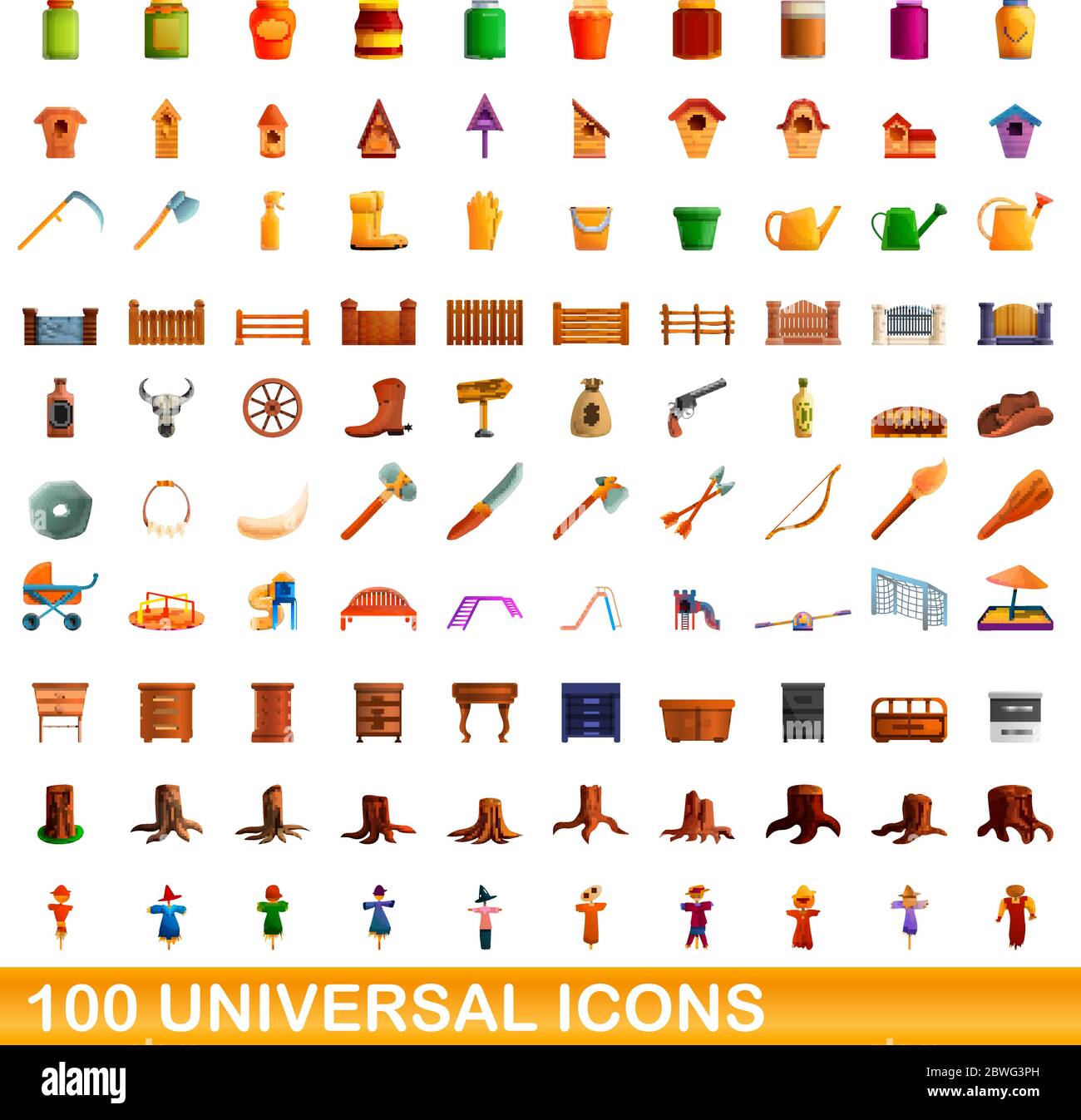 100 universal icons set. Cartoon illustration of 100 universal icons ...