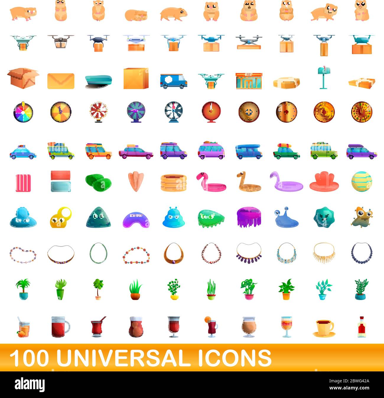 100 universal icons set. Cartoon illustration of 100 universal icons ...