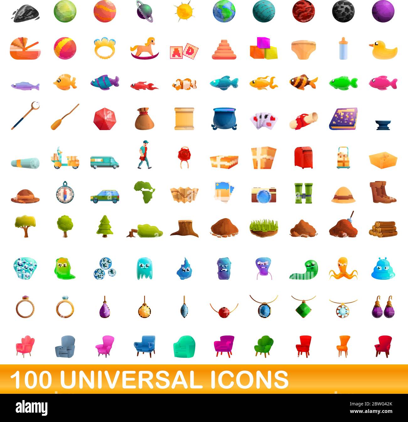 100 universal icons set. Cartoon illustration of 100 universal icons ...