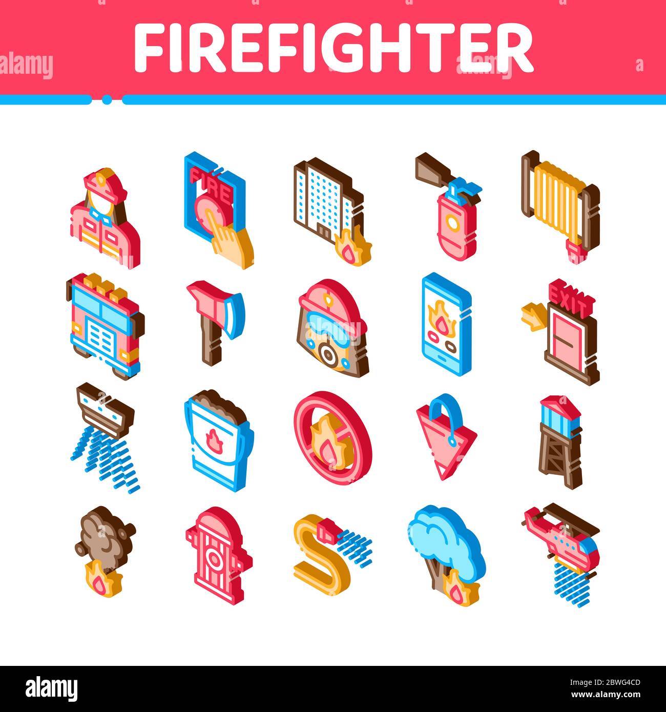 Firefighter Equipment Isometric Icons Set Vector Stock Vector Image ...