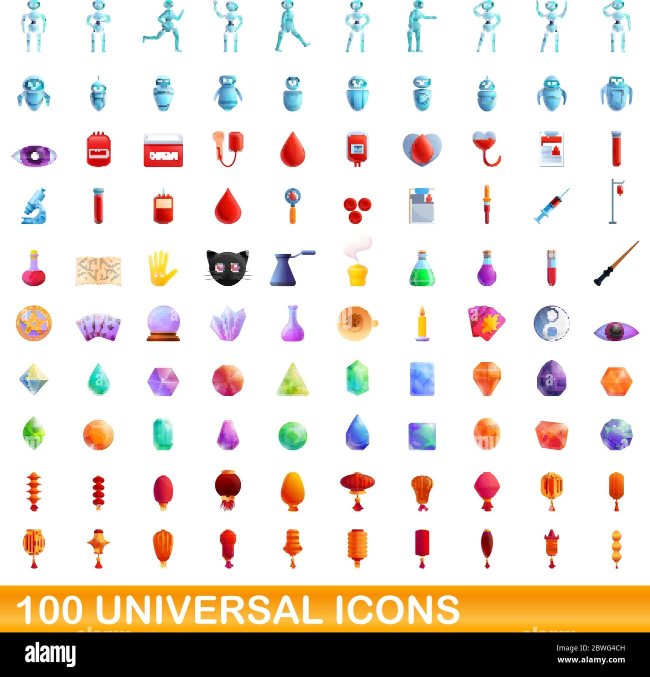100 universal icons set. Cartoon illustration of 100 universal icons ...