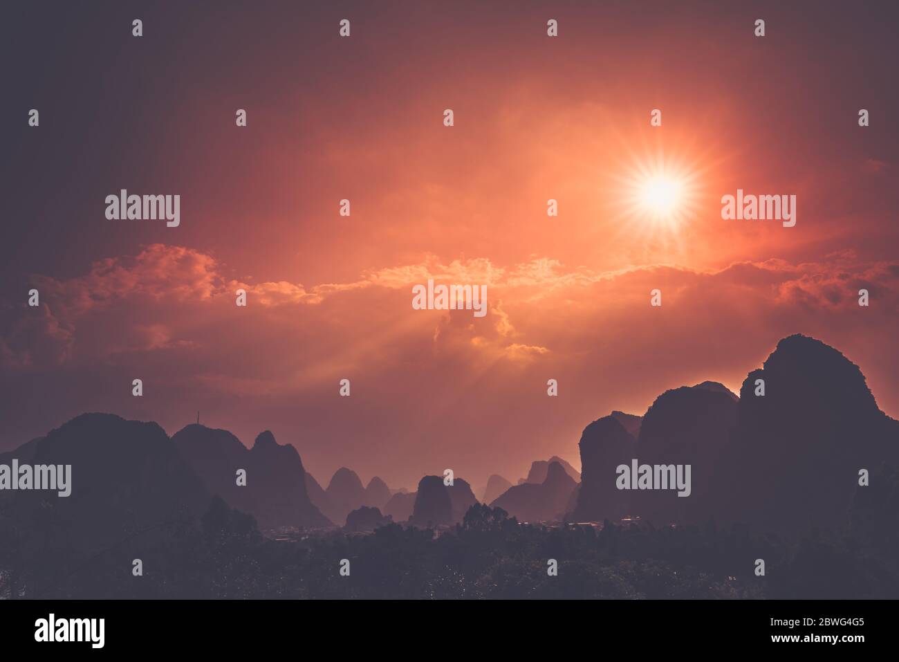 Beautiful impressive karst mountain landscape in Yangshuo before dusk ...