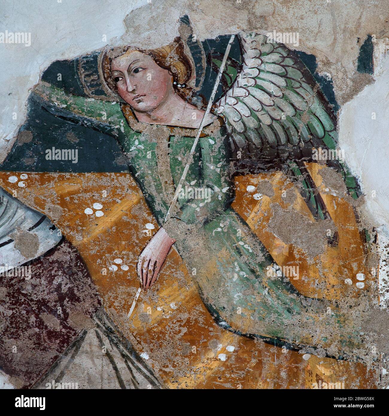 Female flying angel holding a staff. Fresco fragment amongst late 1300s ...