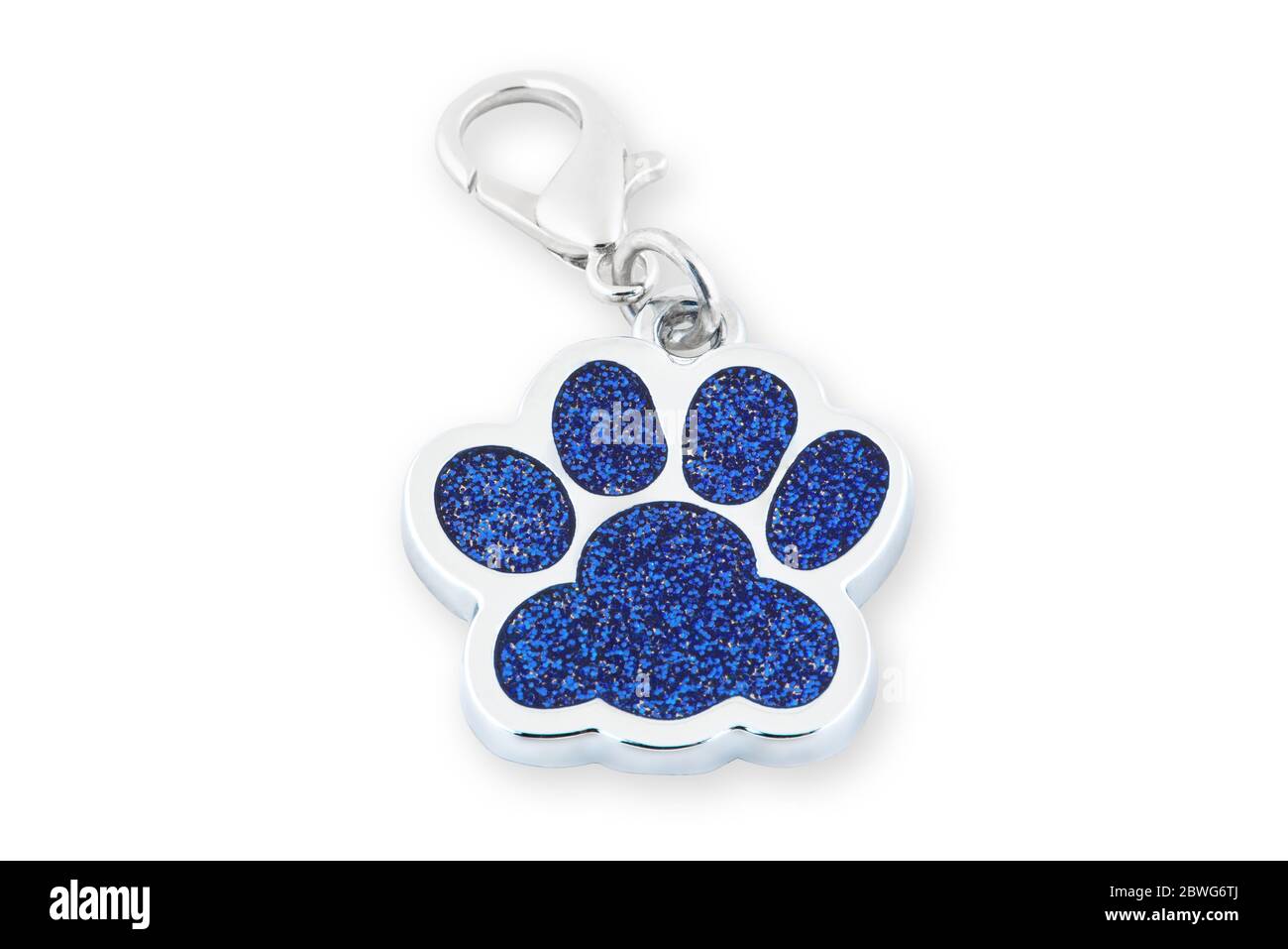 Closeup dog collar metal tag shaped in form footprint isolated on white ...