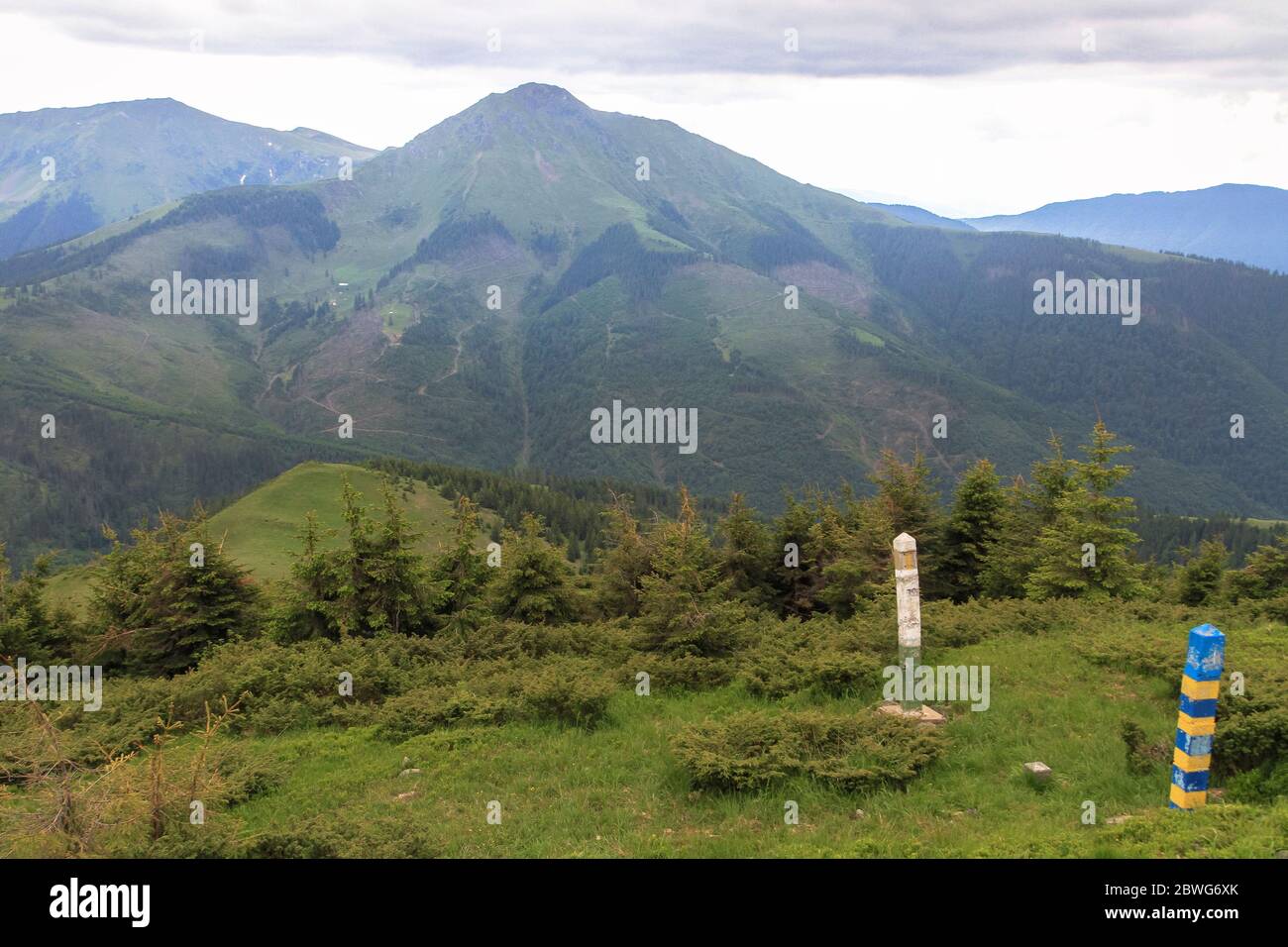 Romanian-Ukrainian border. Border columns in the mountains. Hiking ...