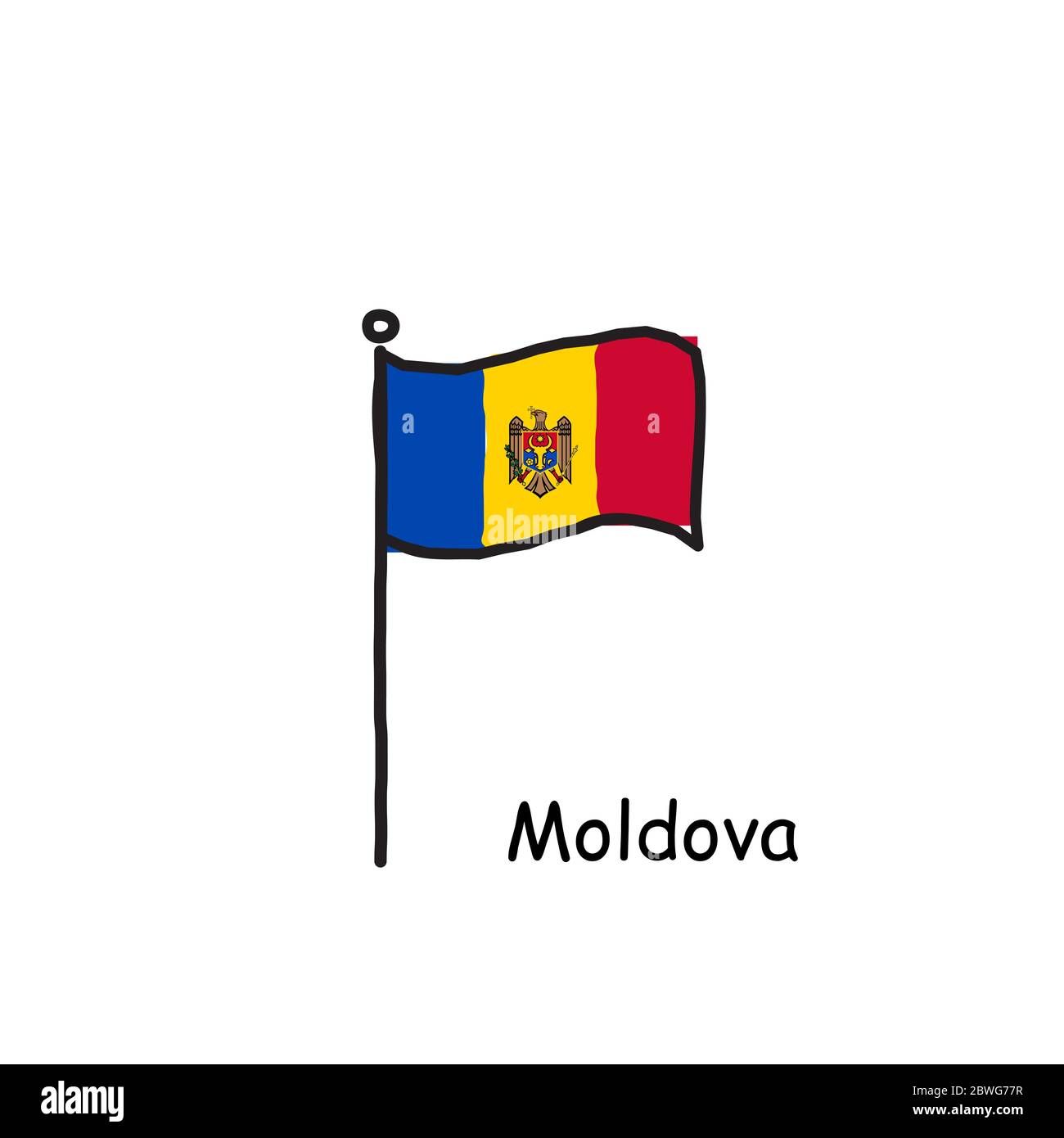 hand drawn sketchy Moldova flag on the flag pole. three color flag ...