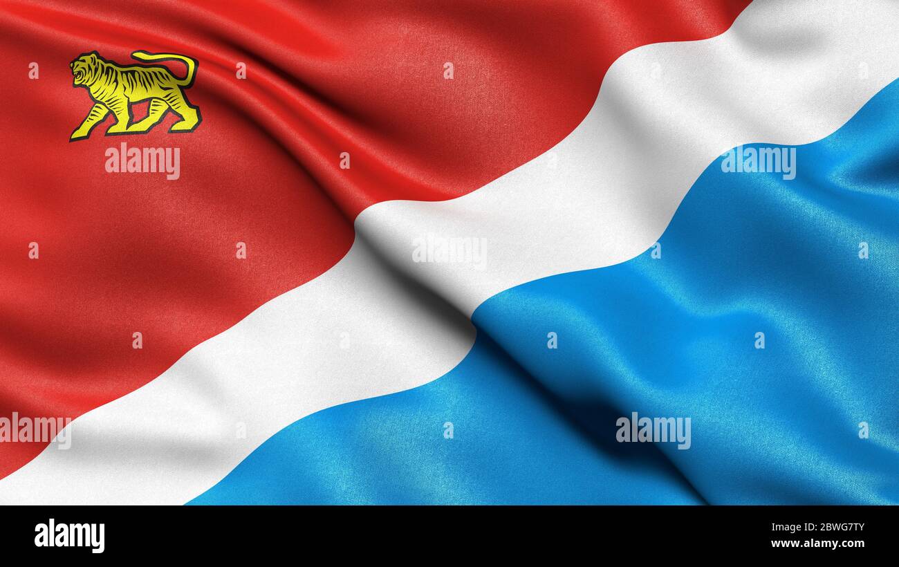 Flag of Primorsky Krai waving in the wind. 3D illustration Stock Photo ...