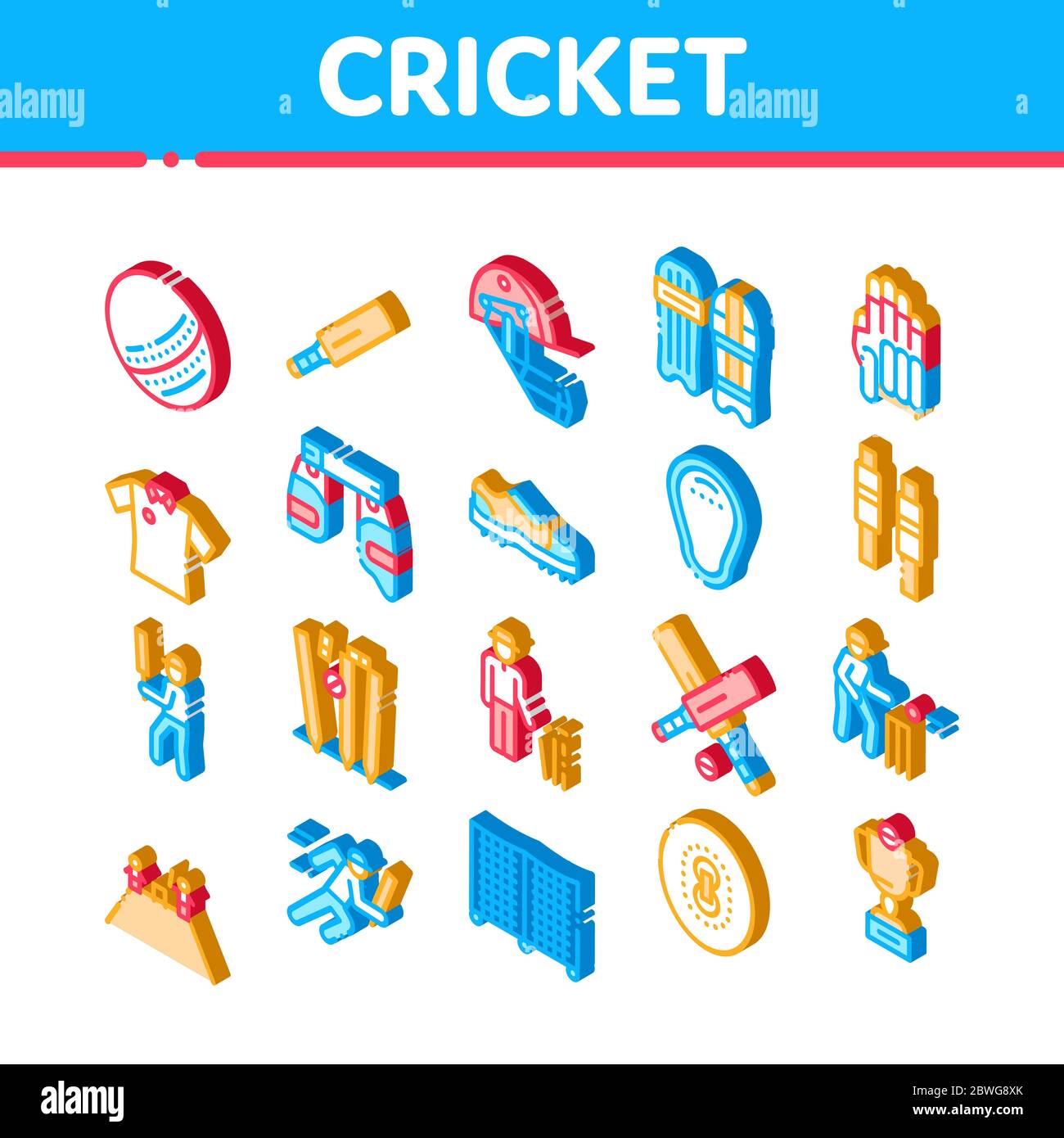 Cricket Game Isometric Elements Icons Set Vector Stock Vector Image ...