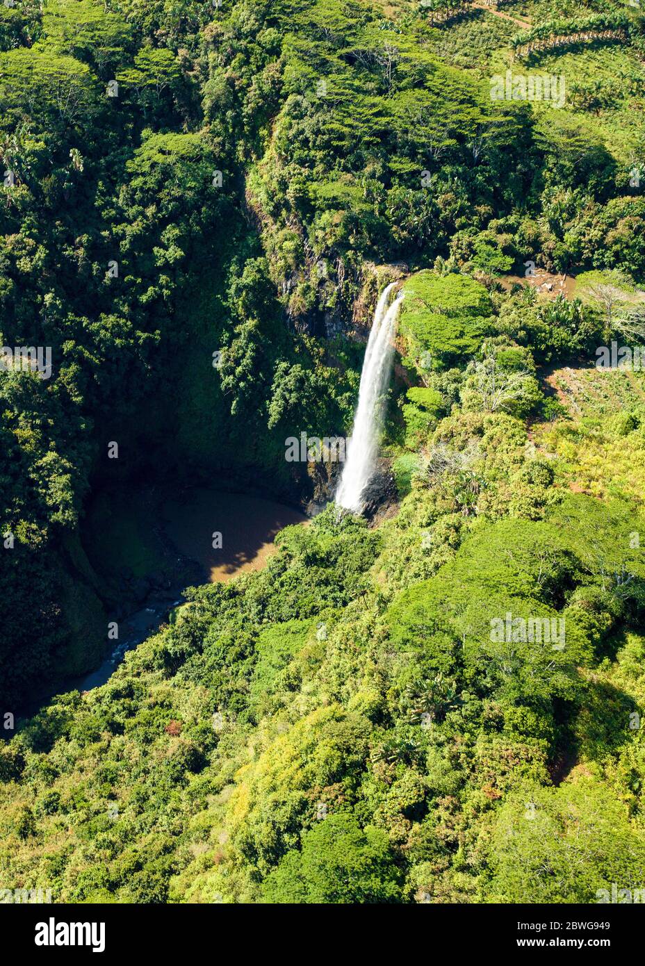 Aerial view of Chamarel Waterfall in the tropical island jungle ...