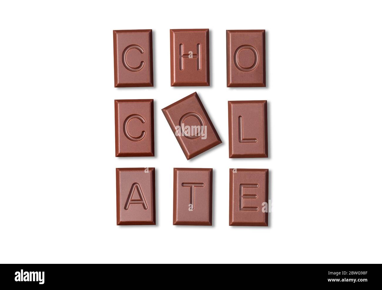 Chocolate word made from chocolate cubes on white background Stock ...