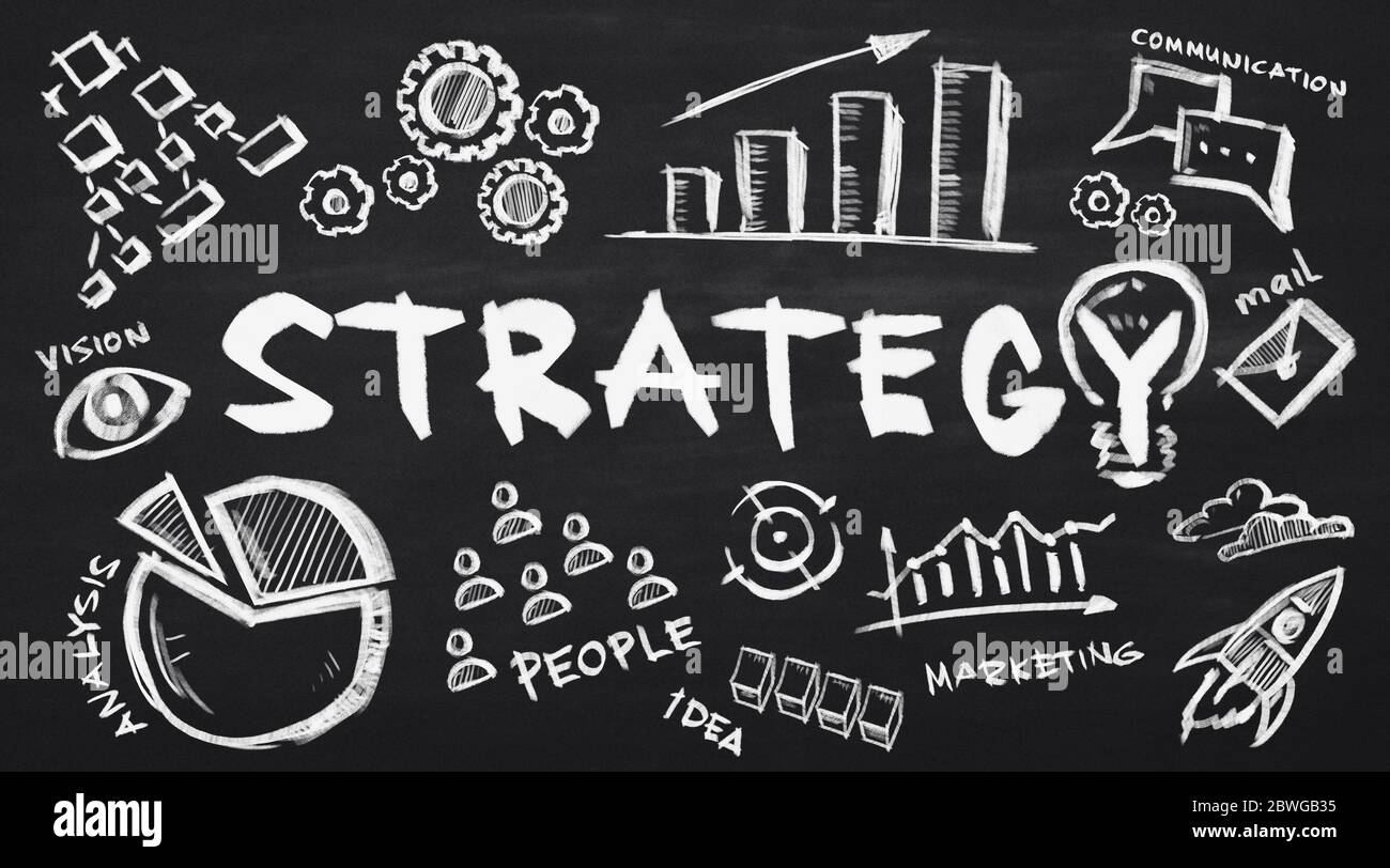 Word STRATEGY with business diagrams and chalk drawings on blackboard ...